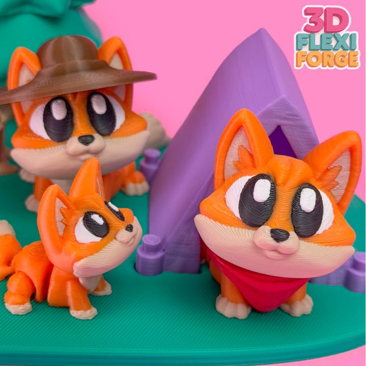 3D Printable 🦊Flexi Fox Family + Camping Diorama Set🌲 by 3D FLEXI FORGE